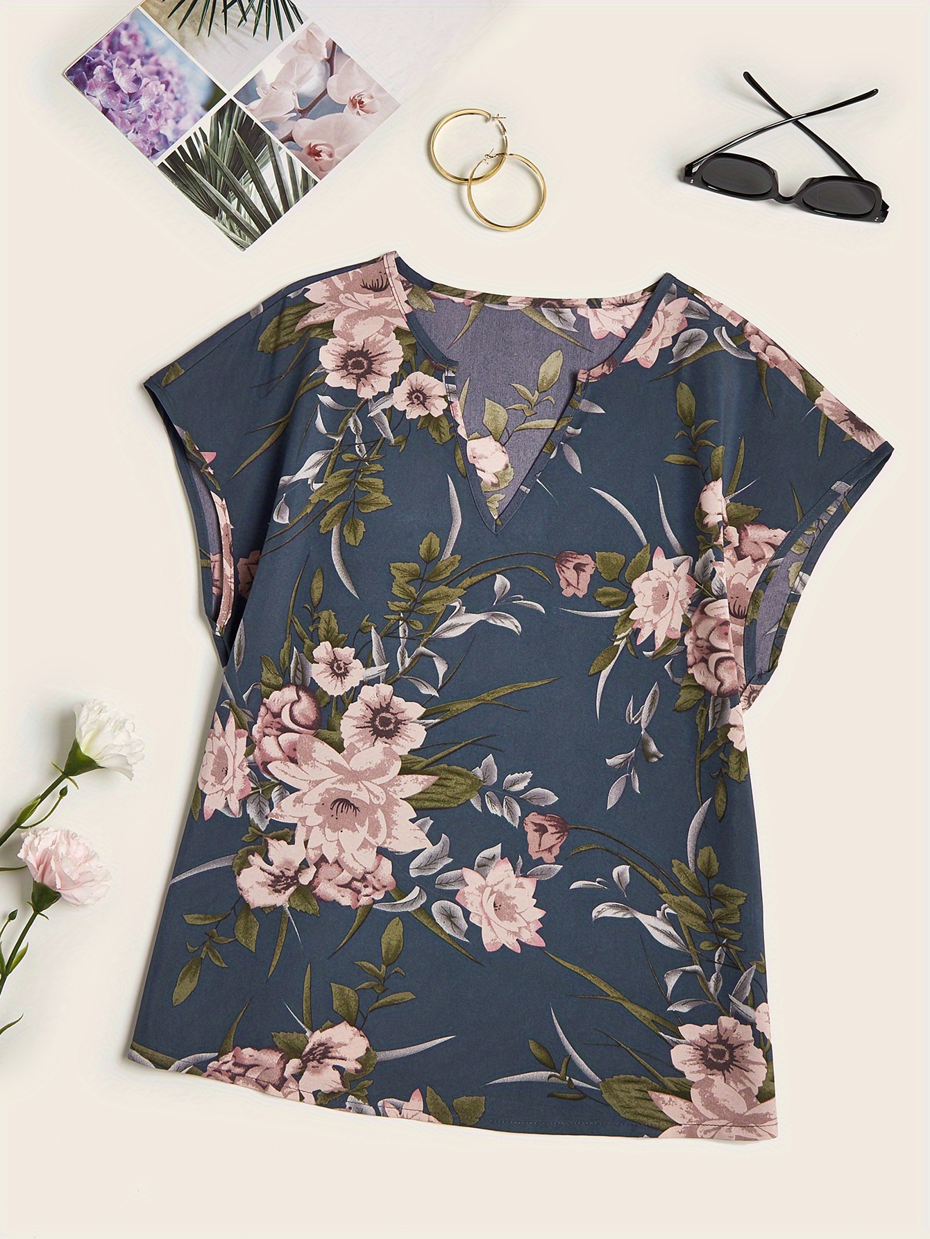 floral print notched neck blouse casual cap sleeve blouse - Temu Australia
