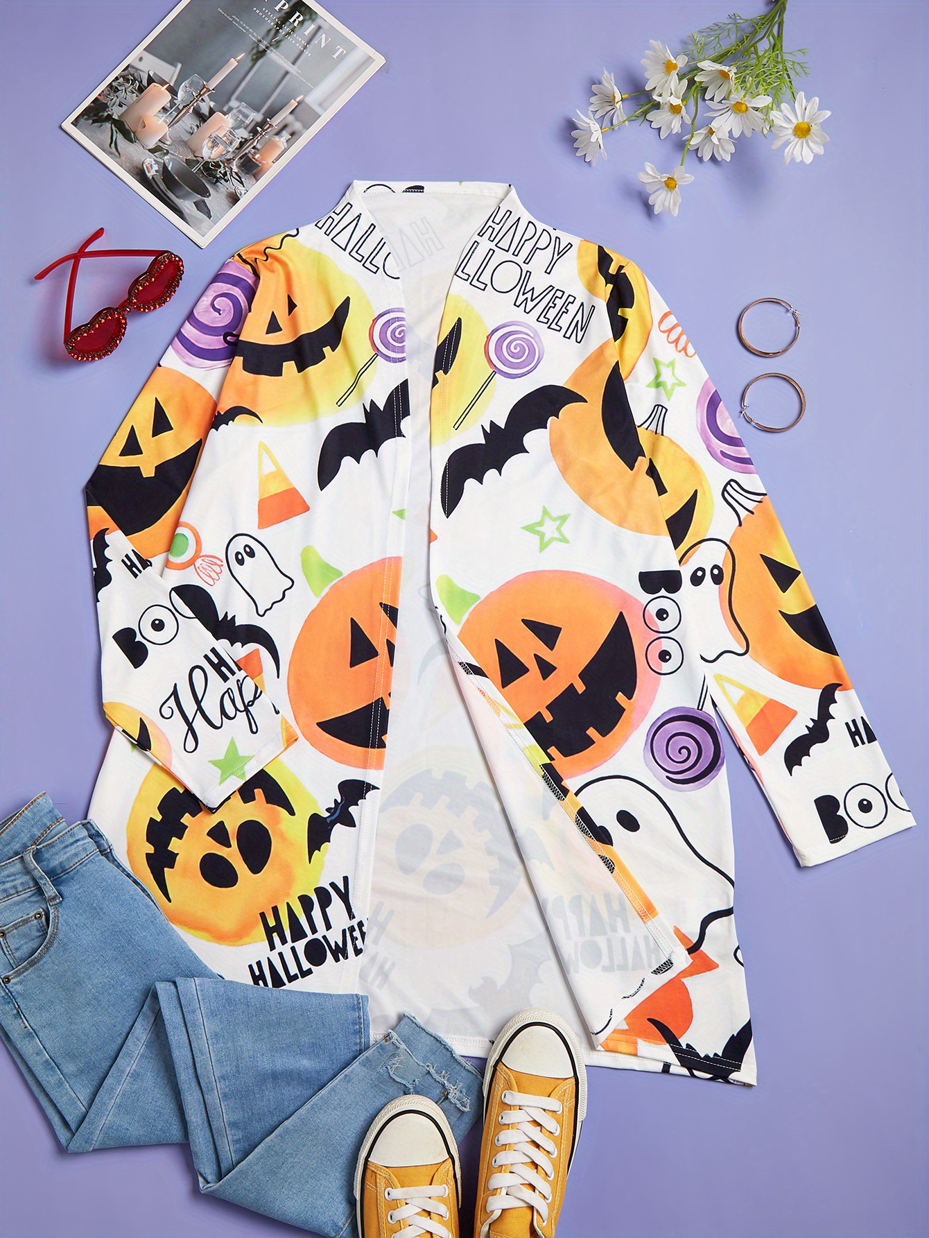 Halloween Print Open Front Cardigan Casual Long Sleeve - Temu Norway
