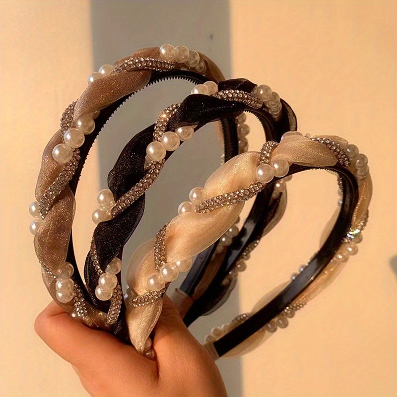 Elegant Faux Pearl Rhinestone Chain Twist Headband Sweet - Temu United