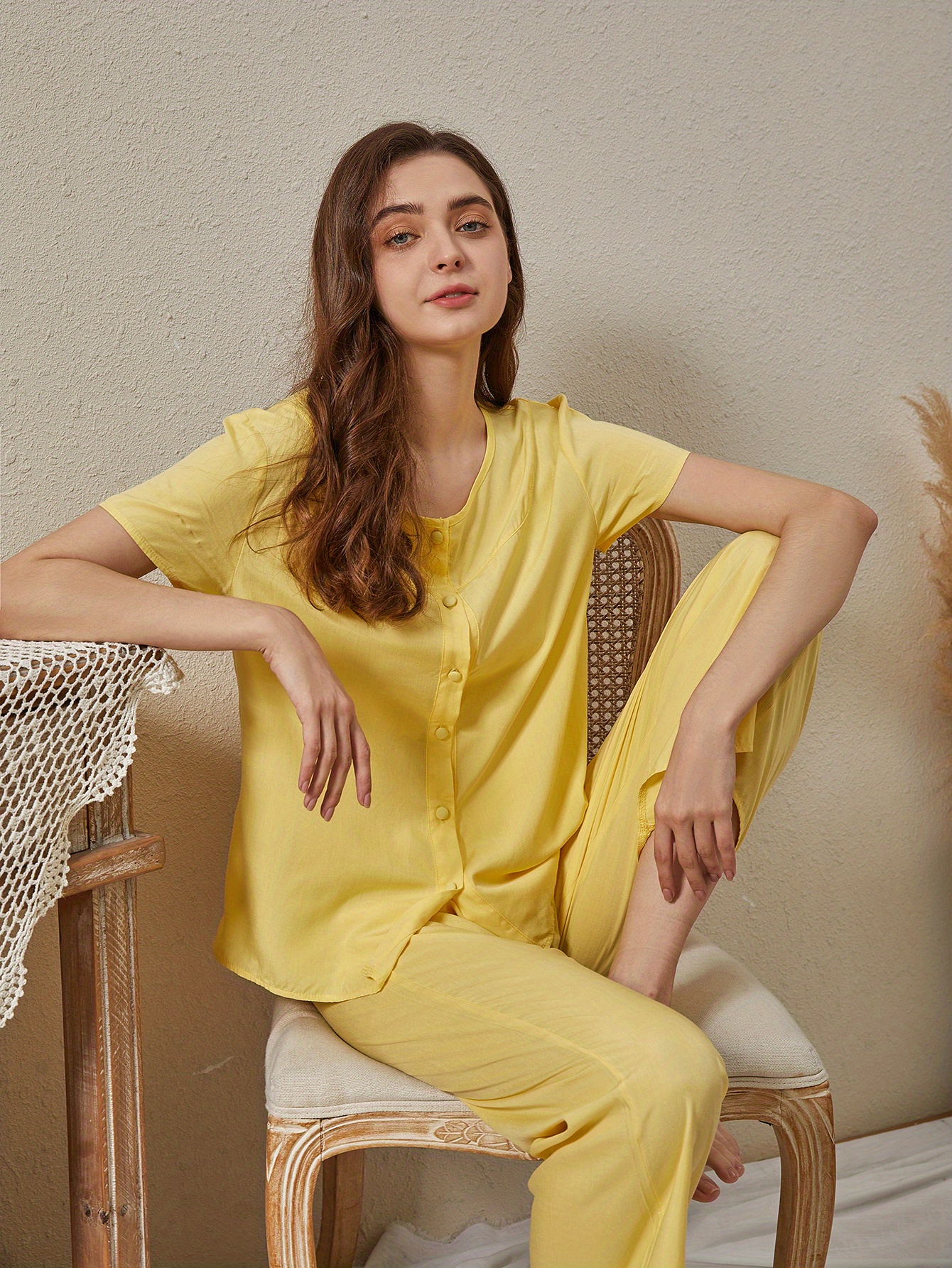 Simple Solid Pajamas Set Short Sleeve Buttons Top Lounge - Temu Australia