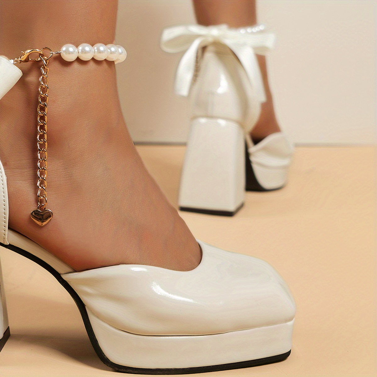women's pearl chain heels elegant bowknot - {region_name}