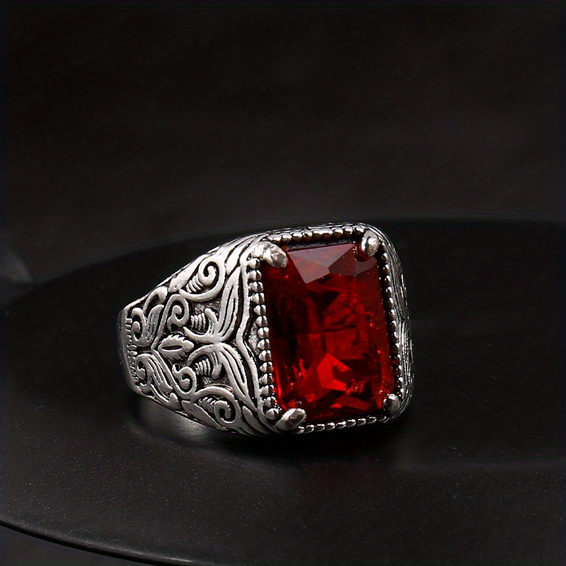 Vintage Silvery Carved Ring For Men Punk Style Red Zirconia - Temu ...