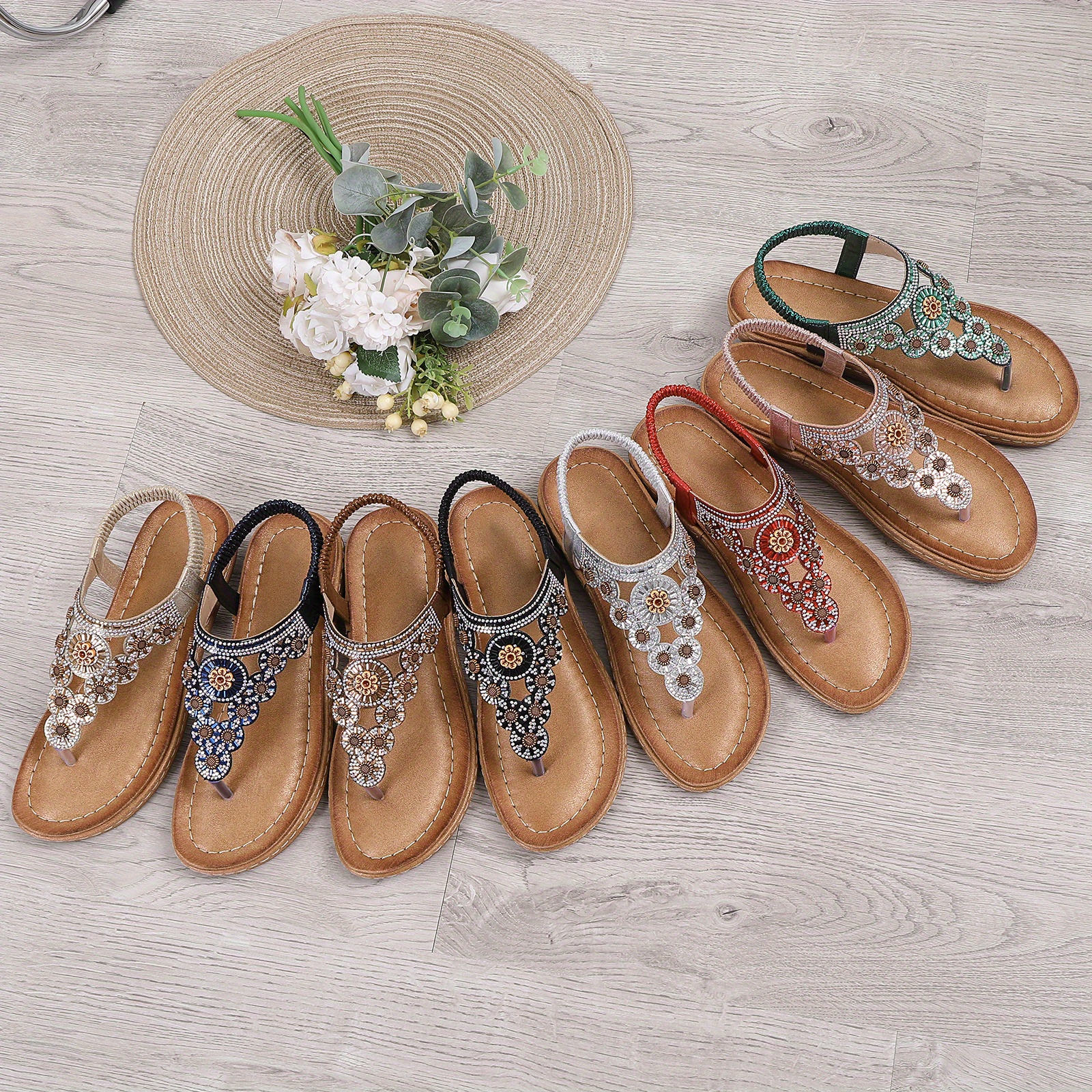 Women's Rhinestone Flat Thong Sandals Boho Style Elastic - Temu Portugal
