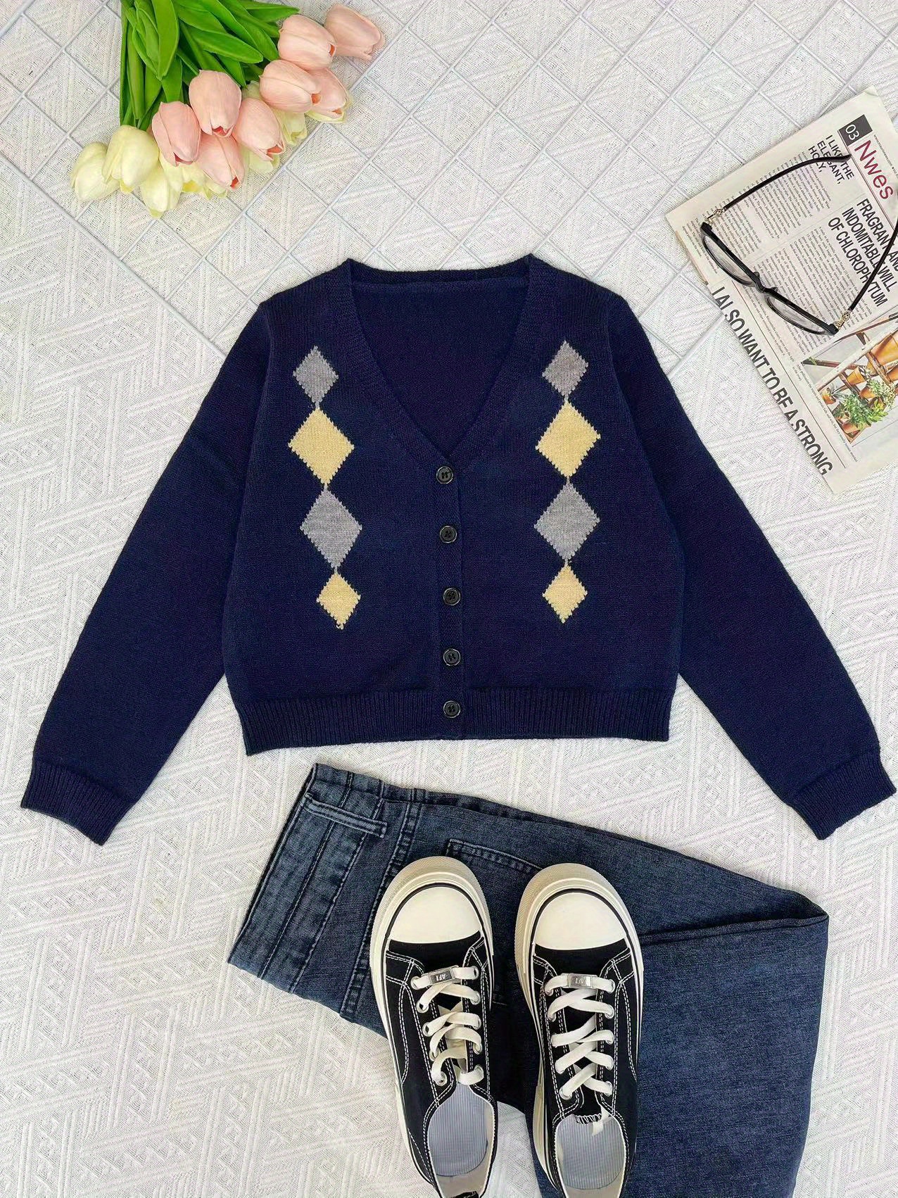 Knit Cardigan Kids V neck Argyle Jacquard Button Loose - Temu New Zealand