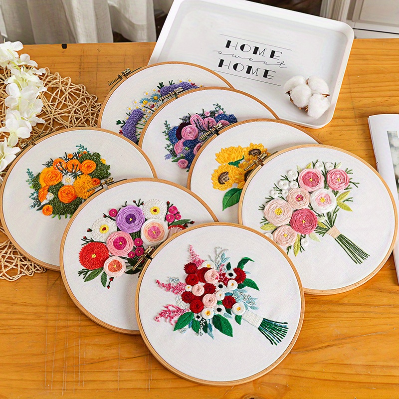 大人用3d花刺繍キット1個 初心者向け レーション 包装紙 花柄の刺繍布と刺繍フープ 糸 針2本と仕 Temu Japan
