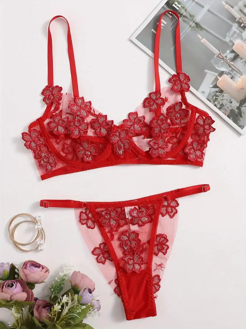 Sexy Floral Embroidery Lingerie Set Sheer Unlined Bra And Mesh Thong