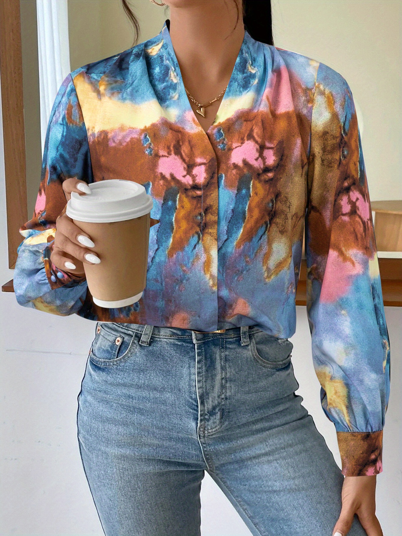 Tie Dye V Neck Blouse Vintage Long Sleeve Blouse - Temu Canada