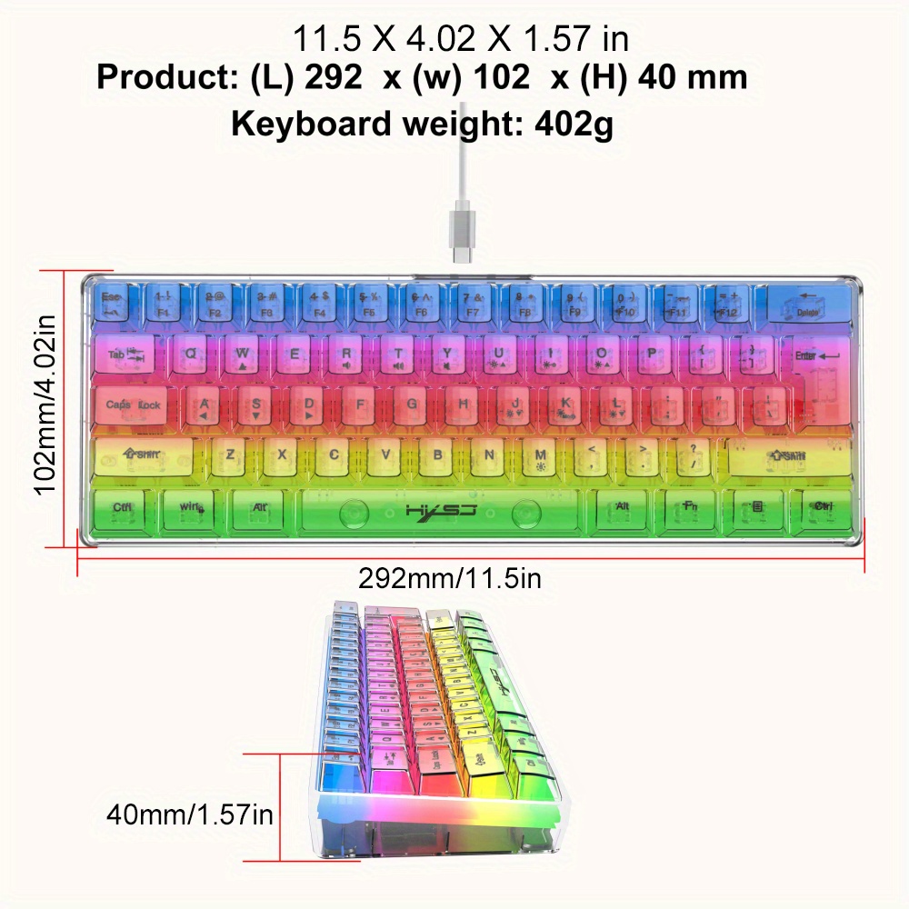 61 Key Wired Transparent Rgb Backlit Keyboard Usb - Temu United Kingdom