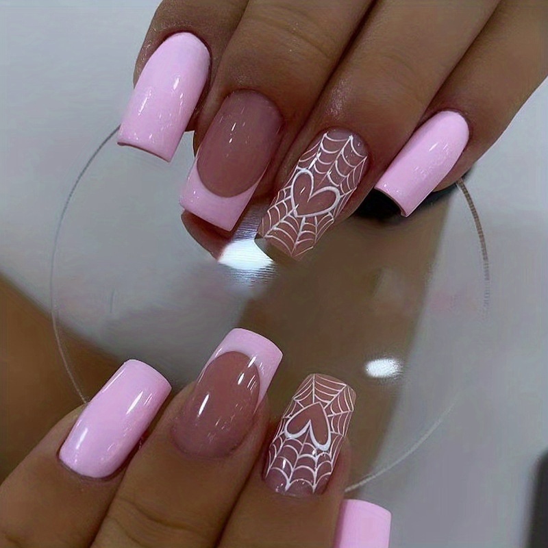 Halloween Pink Nails Cobweb Heart Press Nails Design - Temu