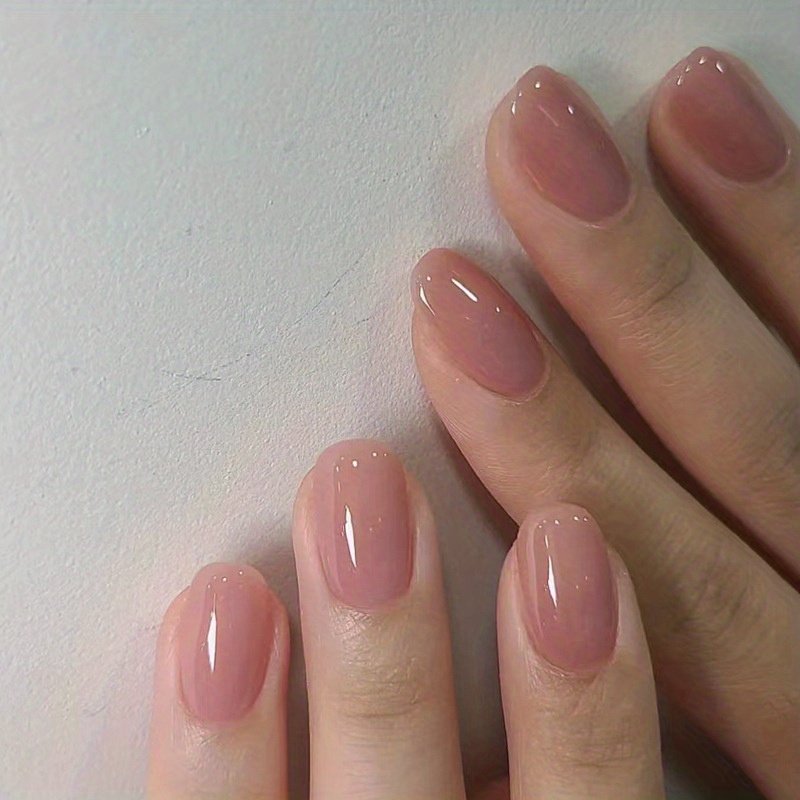 Glossy Medium Nails Nude Pink Solid Color Press Temu Canada