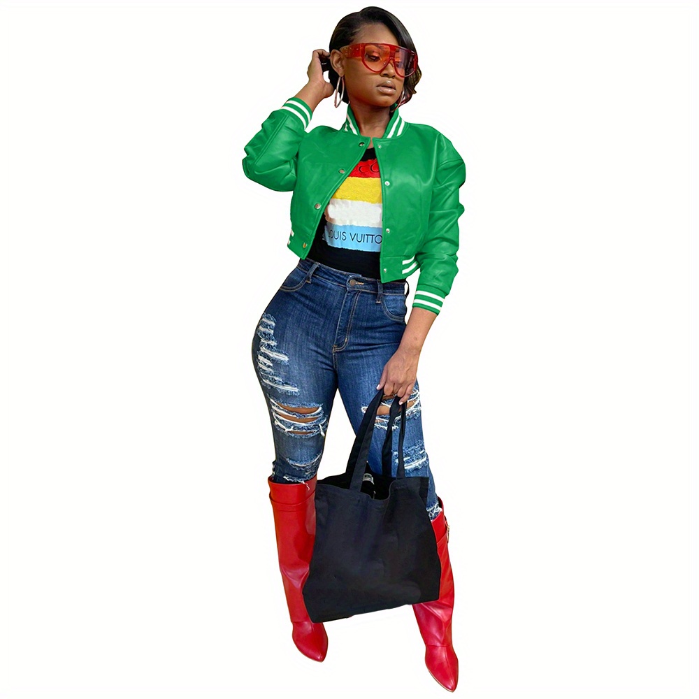Contrast Trim Faux Leather Crop Jacket Versatile Long Sleeve - Temu ...