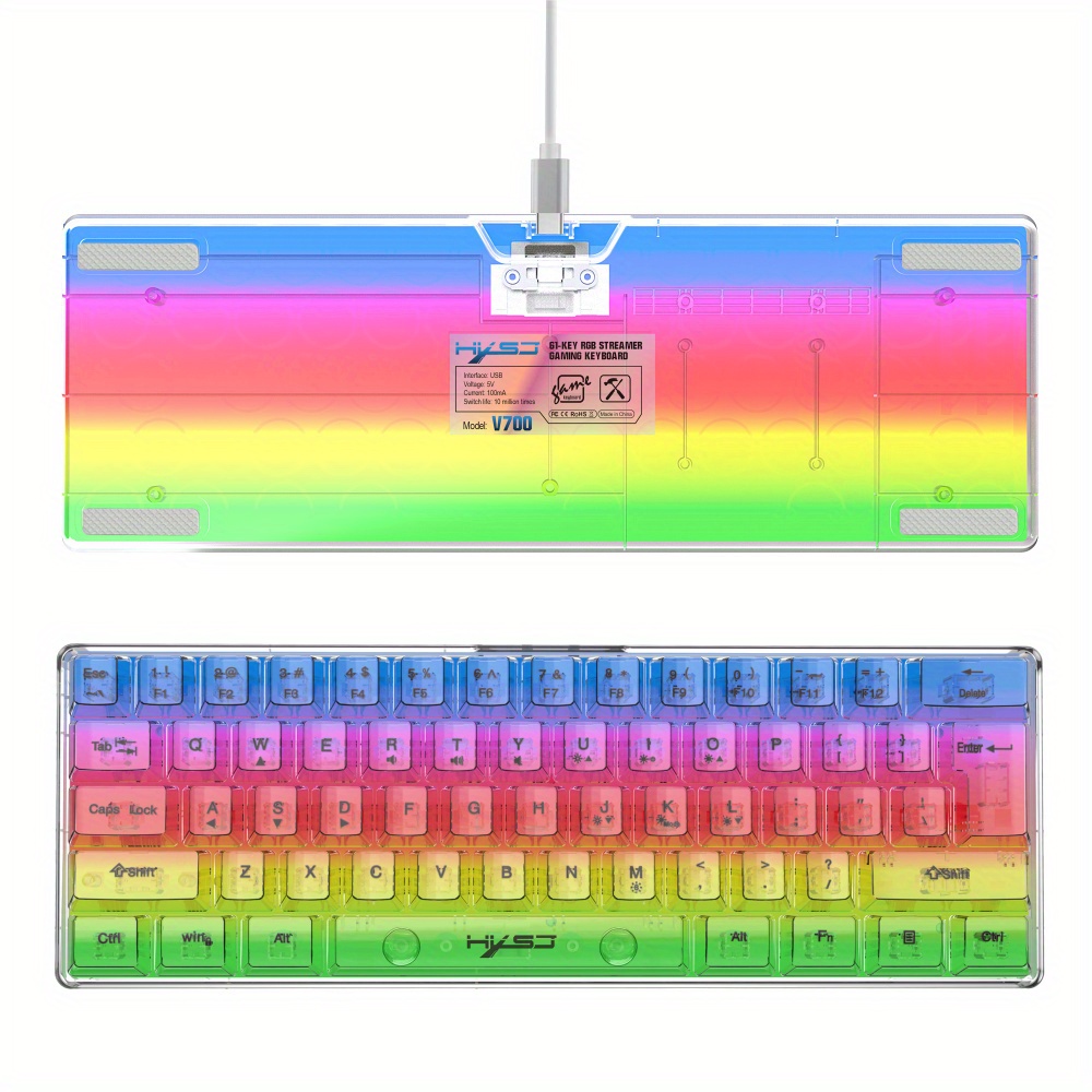 61 Key Wired Transparent Rgb Backlit Keyboard Usb - Temu United Kingdom