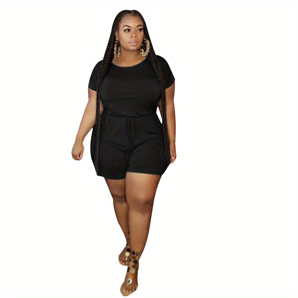 Plus Size Solid Short Sleeve Round Neck Romper Women's Plus - Temu ...