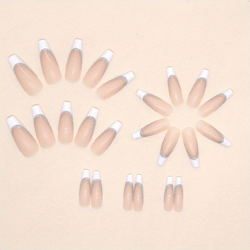 White French Tip Nails Nude Pink Press Nails Silver - Temu