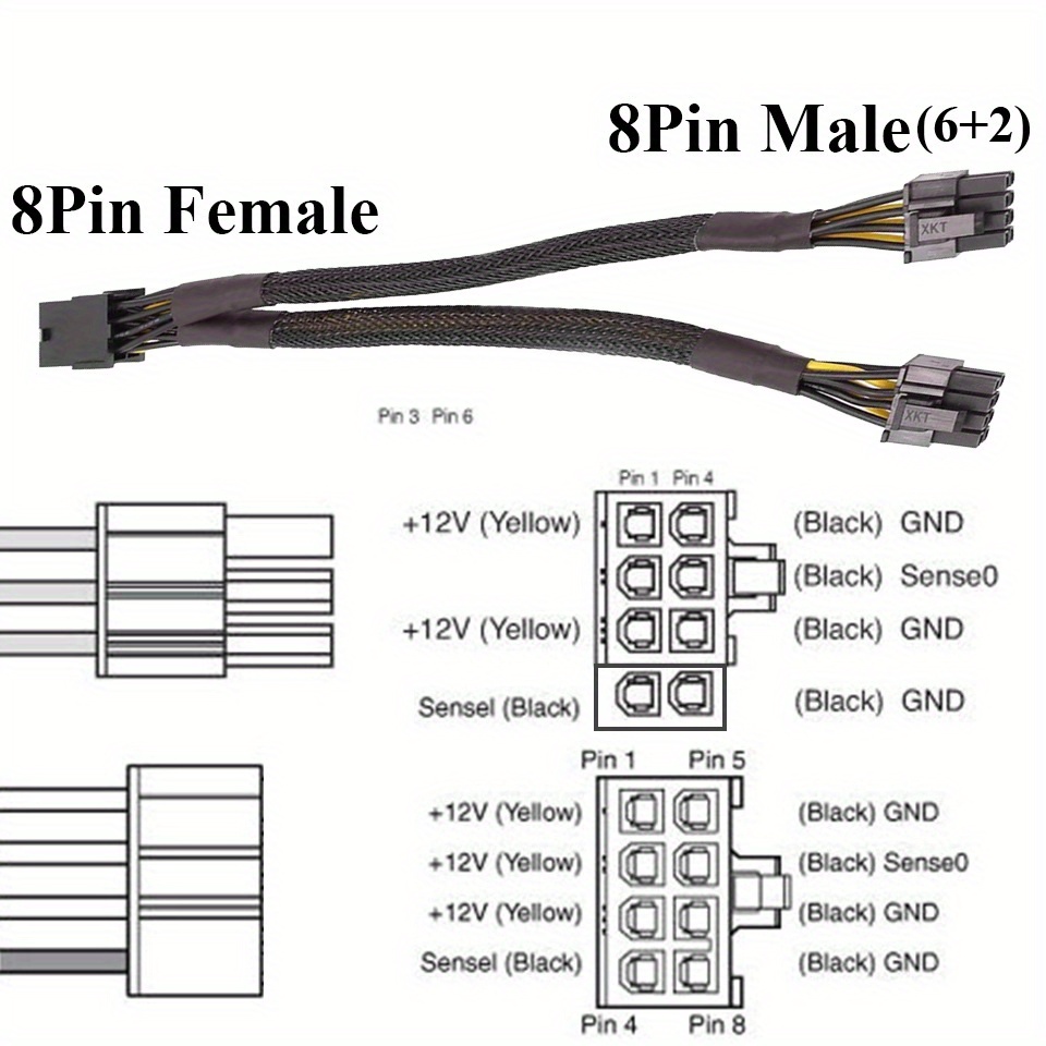 18 Awg Gpu Vga Pci e 8pin Splitter Cable 8 (6+2) Pin Male - Temu