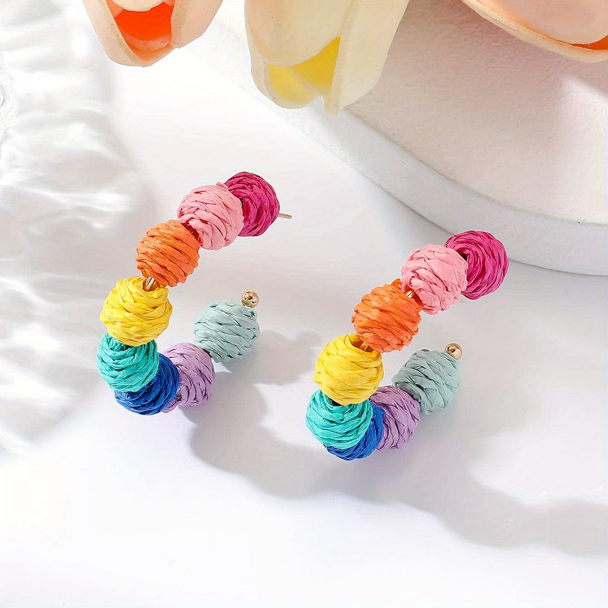 C Shape Colorful Raffia Ball Decor Hoop Earrings Bohemian - Temu Australia