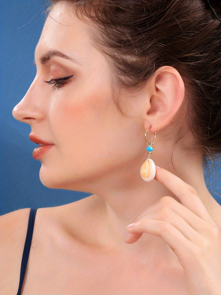 Natural Shell Pendant Turquoise Beads Decor Dangle Earrings - Temu New ...