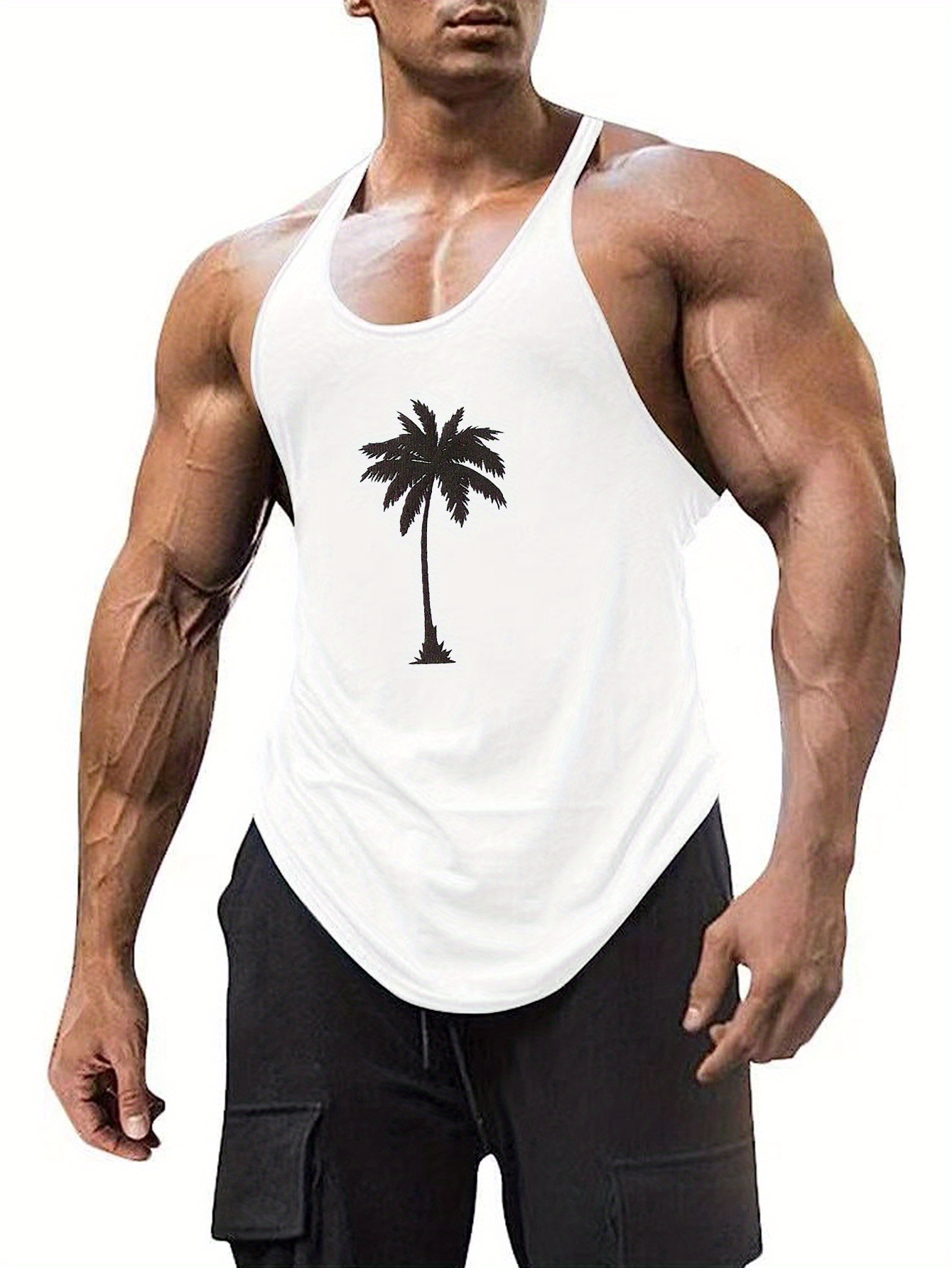 Coconut Tree Print Casual Slightly Stretch Round Neck Tank Top Mens ...