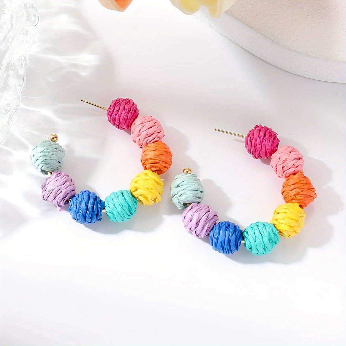 C Shape Colorful Raffia Ball Decor Hoop Earrings Bohemian - Temu Australia