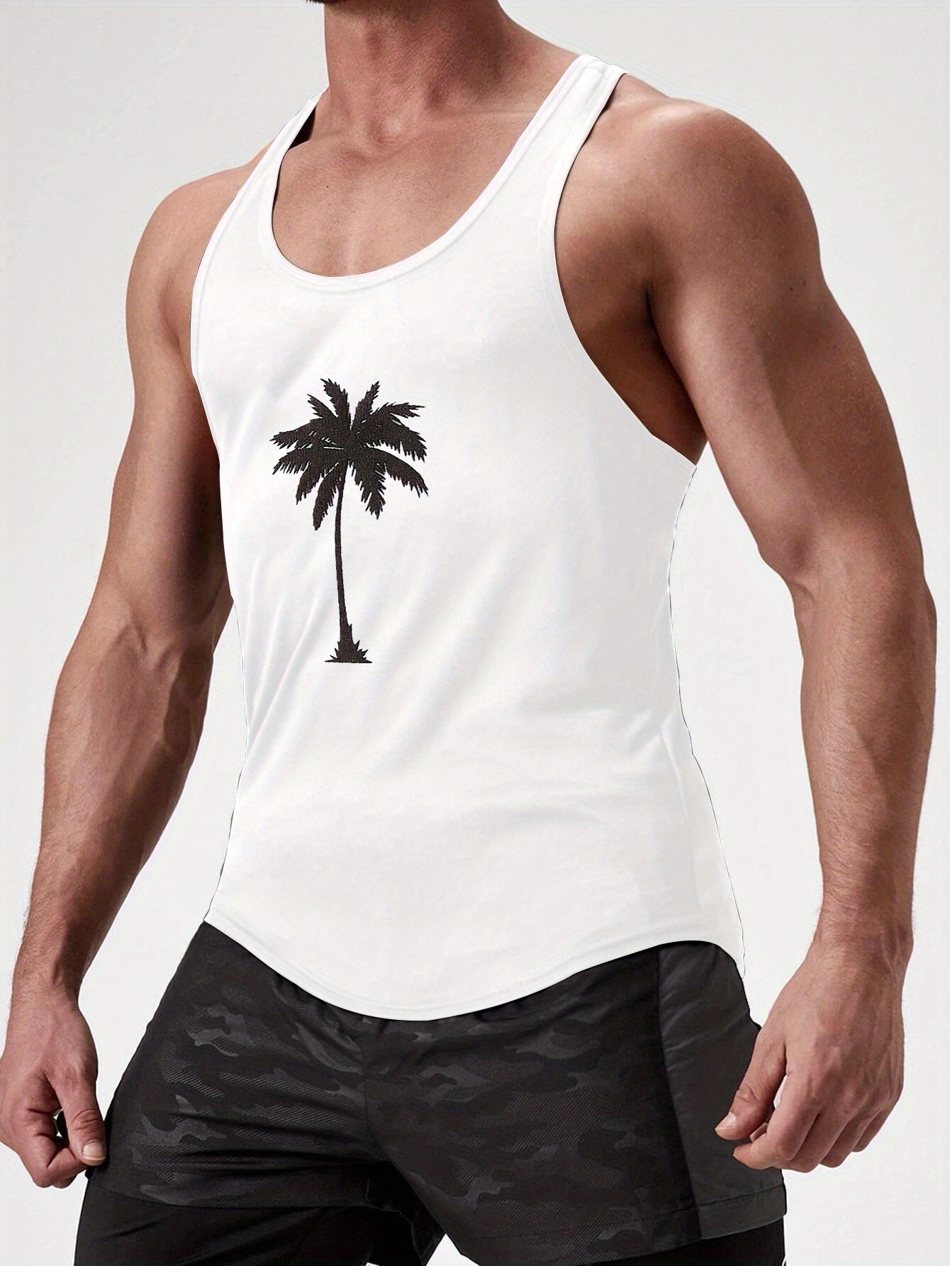 Coconut Tree Print Casual Slightly Stretch Round Neck Tank Top Mens ...