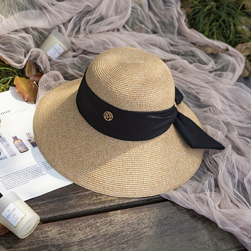 Elegant Large Brim Bow Straw Hat Women Summer Sun Protection - Temu