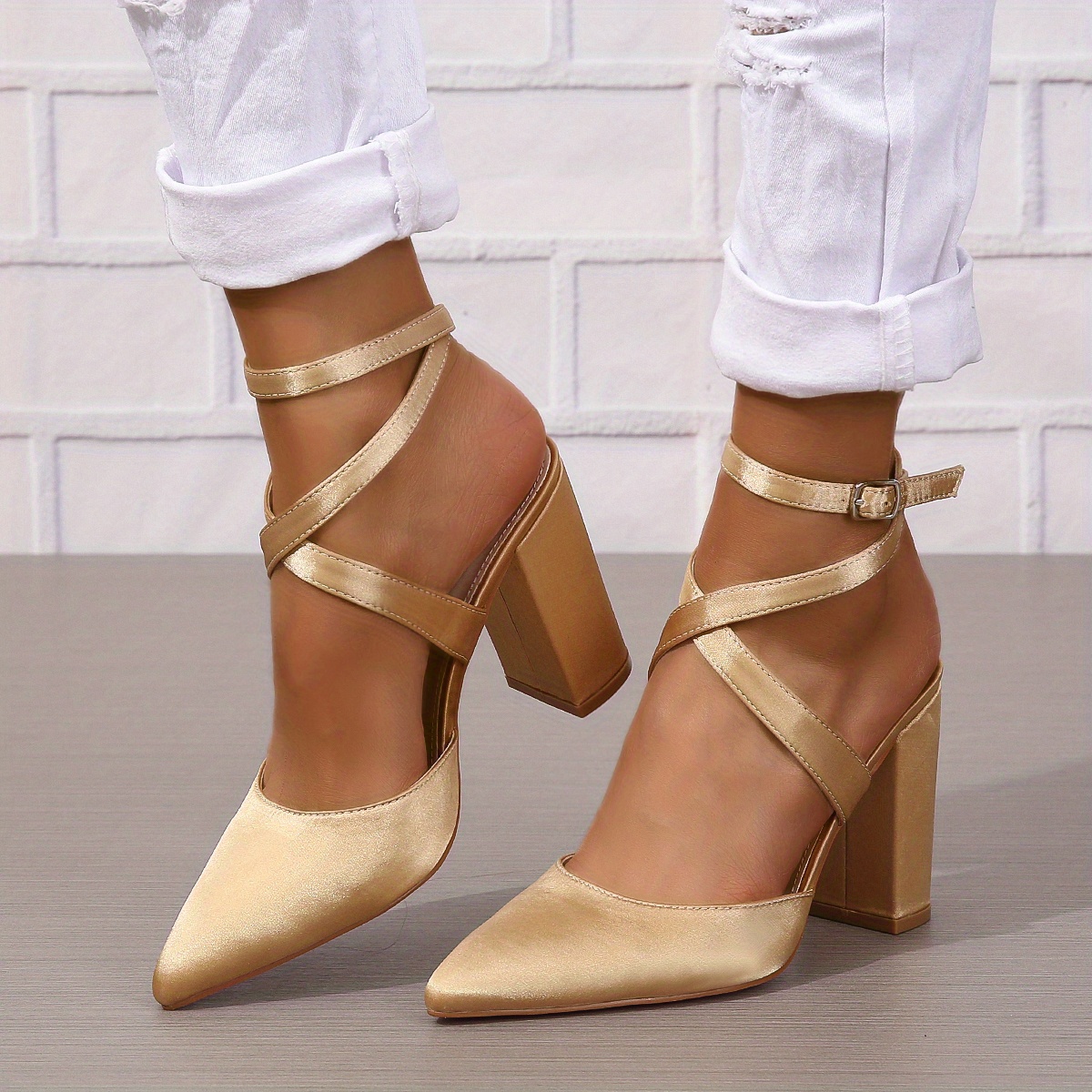 Women's Satin Block Heeled Sandals Pointed Toe Cross Ankle - Temu