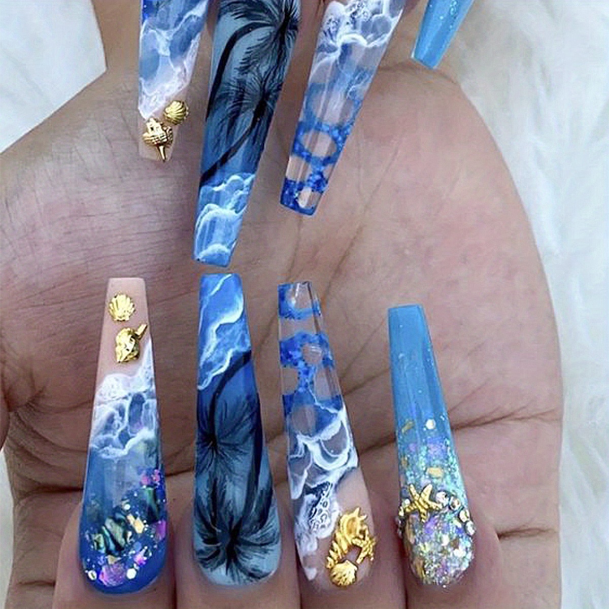 Glossy Blue Gradient Press On Nails With Sea Wave Design And - Temu
