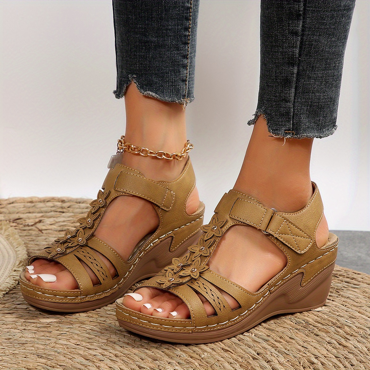 Women's Wedge Sandals Flower Decor Open Toe Ankle Strap - Temu United Kingdom