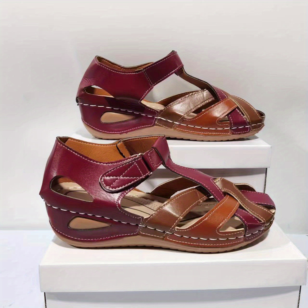 Women's Colorblock Wedge Sandals Toe Hollow Hook Loop - Temu United