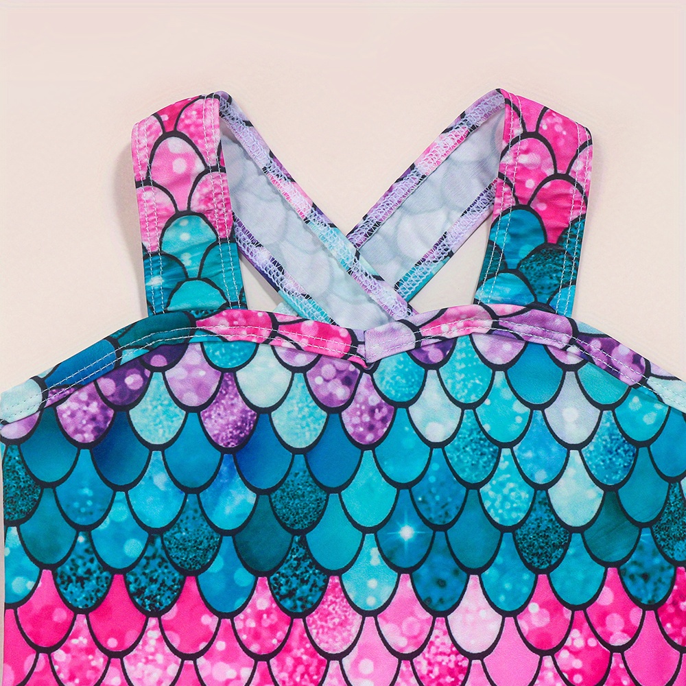 Girls Swimsuit Cross Strap Fish Scale Print Dress - Temu