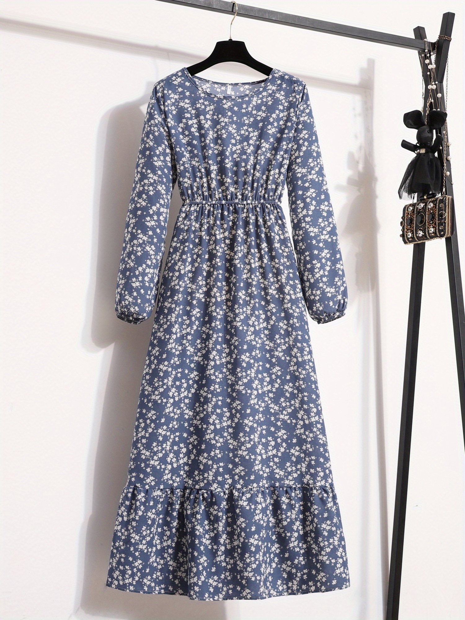 Floral Print Ruffle Hem Dress Casual Long Sleeve Elastic - Temu