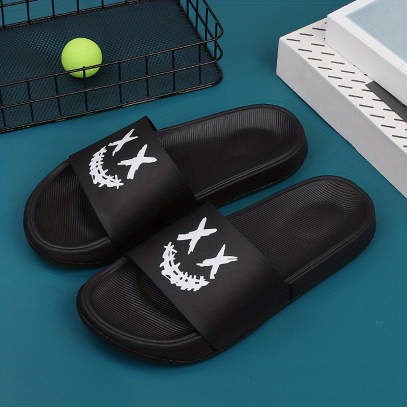 Mens Trendy Cartoon Smile Print Slip On Slides Soft Sole Non Slip Open ...