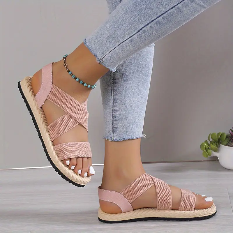 Womens Solid Color Flat Sandals Open Toe Elastic Strap Slip Temu Canada