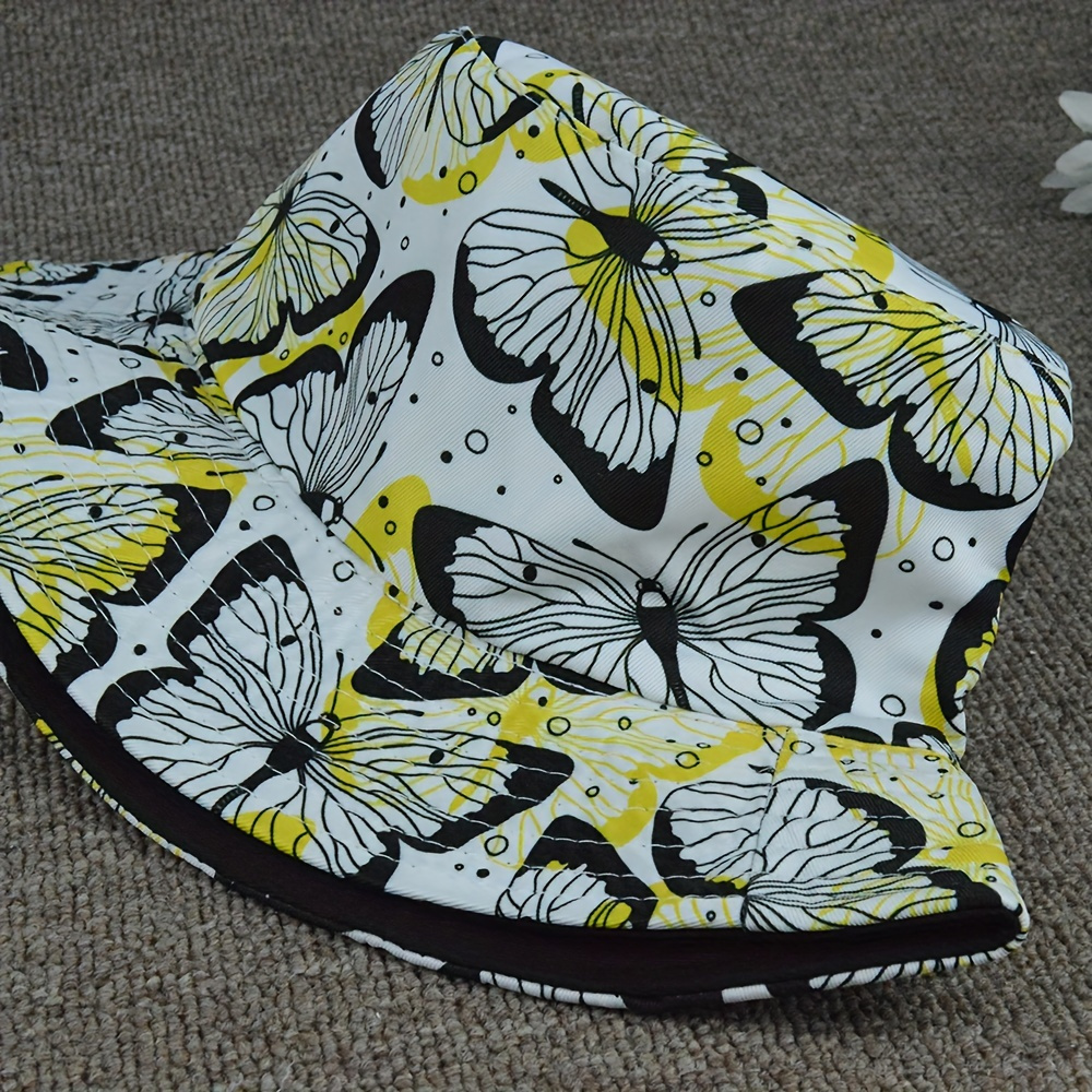 White Background Yellow Butterfly Print Bucket Hat Reversible Wear ...