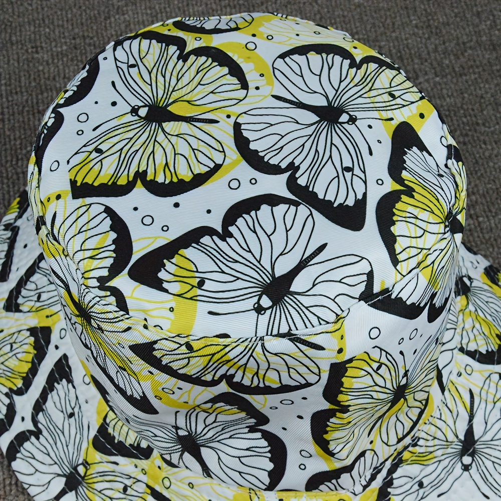 White Background Yellow Butterfly Print Bucket Hat Reversible Wear ...