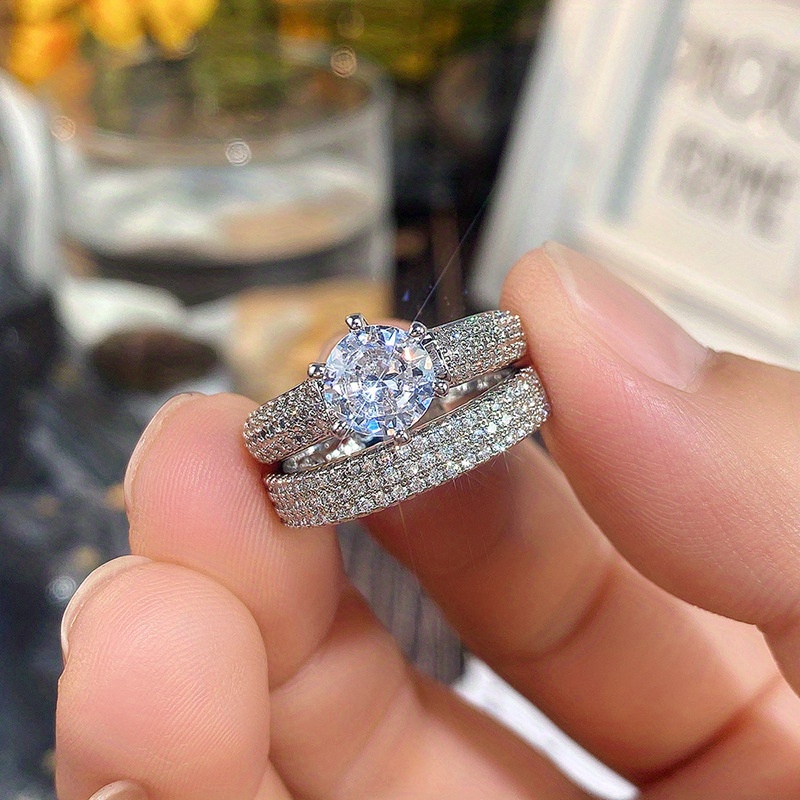 elegant stacking rings silver plated inlaid shining zirconia - Temu ...
