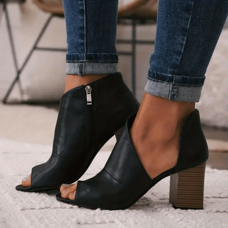 Women's Side Cut Out Block Heel Sandals Peep Toe Side Zipper Stacked ...