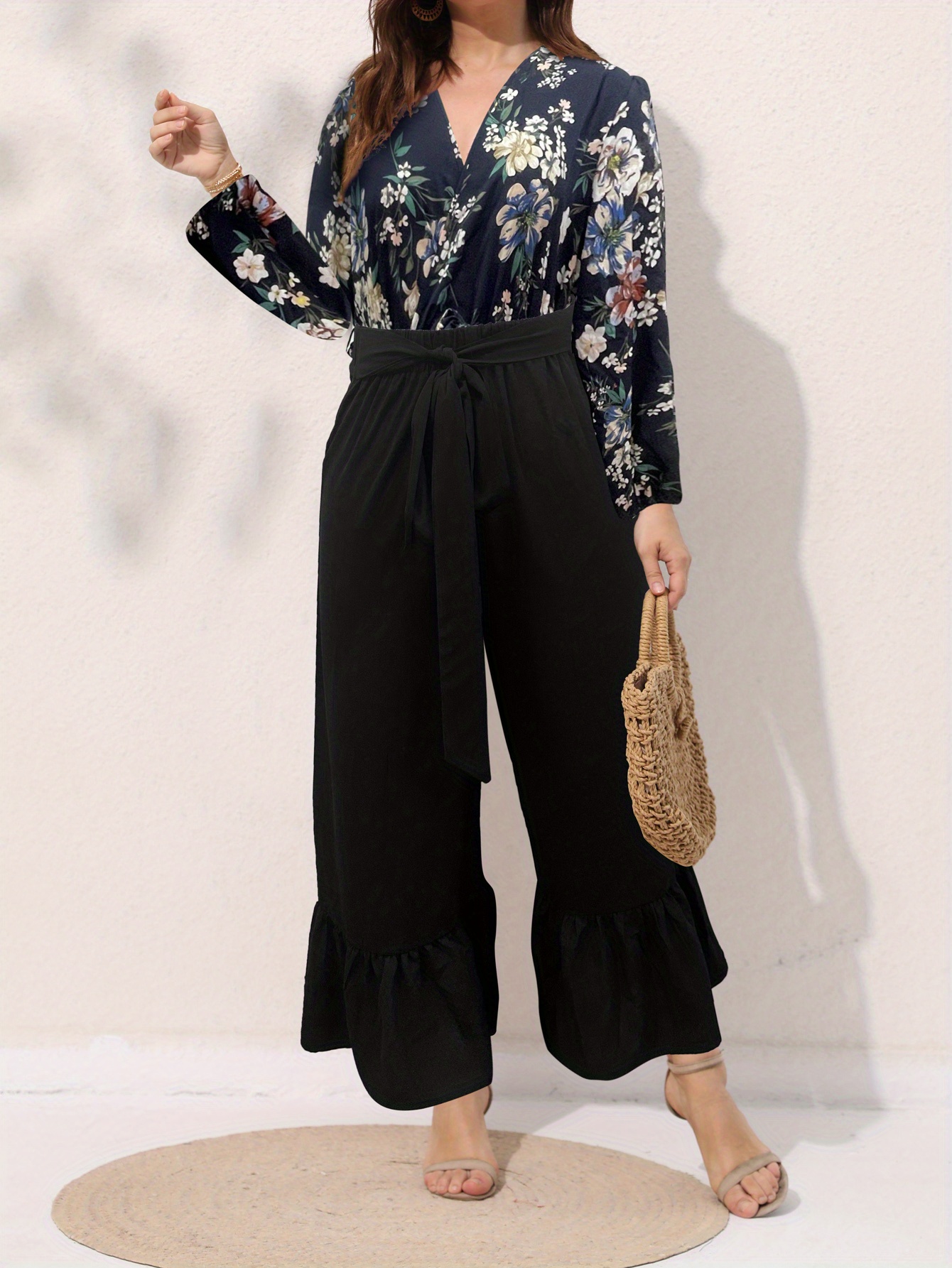 Plus Size Elegant Pants Women's Plus Belted High Ruffle - Temu Norway