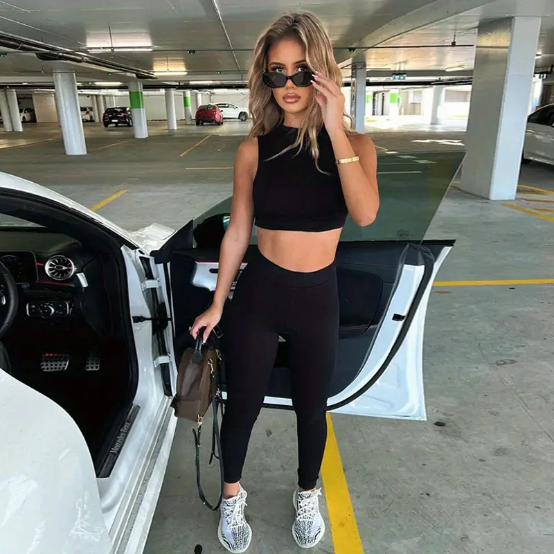 Two Piece Set Mock Neck Crop Vest Top Skinny Temu Portugal