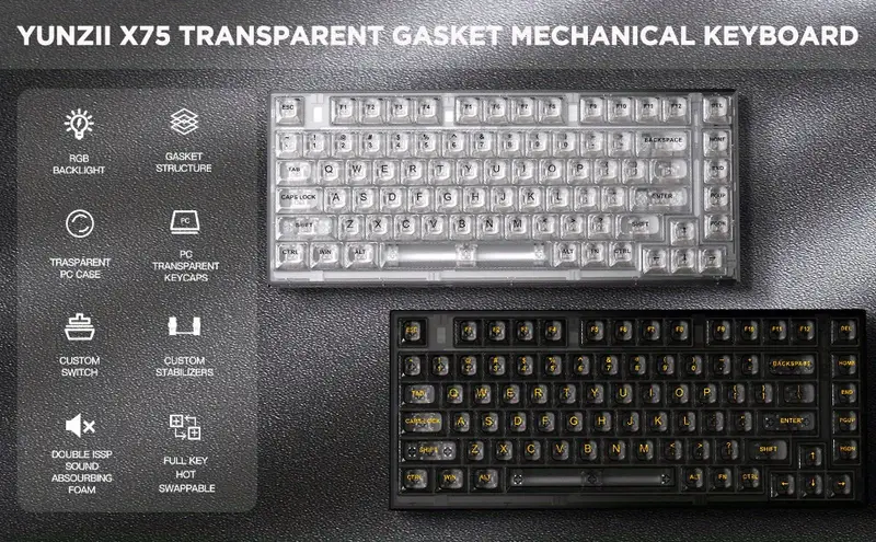 투명 키캡이 있는 Yunzii X75 82키 핫스왑 기계식 키보드 개스킷 마운트 75 키보드 Windows Temu