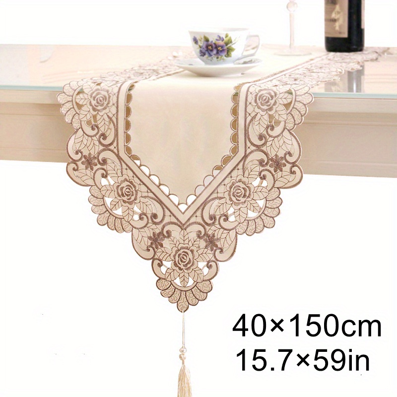 1pc Polyester Table Runner With Tassels Embroidered Flowers Tablecloth ...