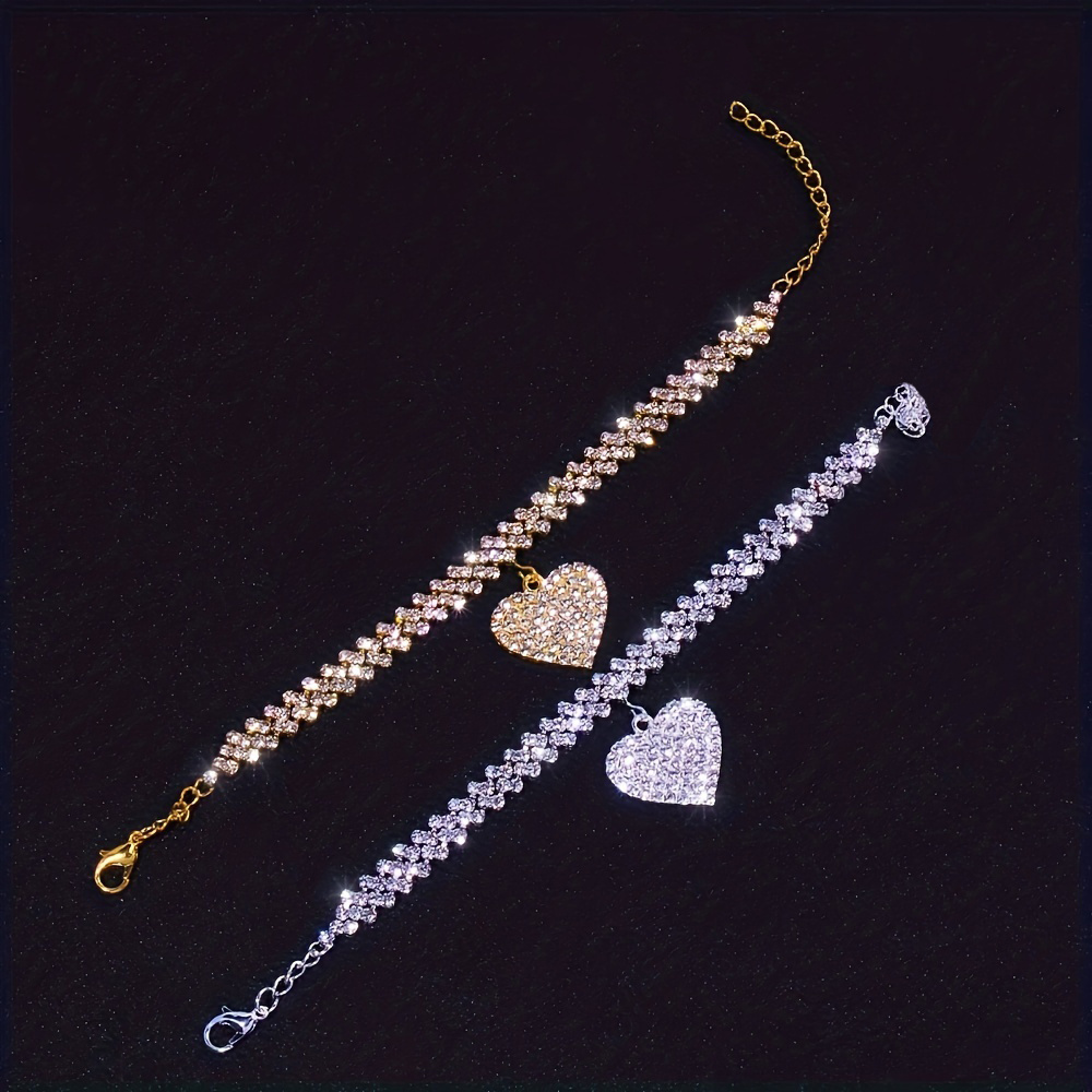 Luxury Shiny Rhinestone Claw Chain Love Heart Charm Bracelet - Temu