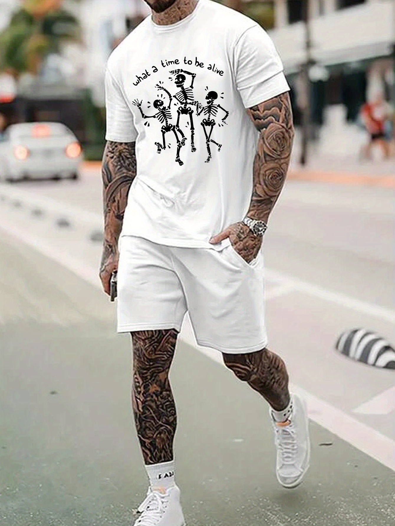 Skeleton Dancer Print Men's Outfits Casual Crew Neck Short - Temu ...