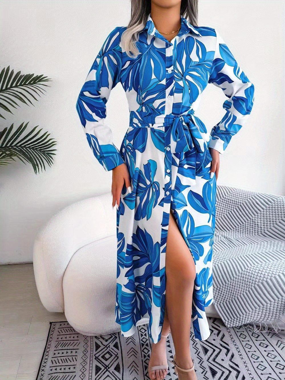 Floral Print Belted Shirt Dress Elegant Long Sleeve Dress - Temu Ireland