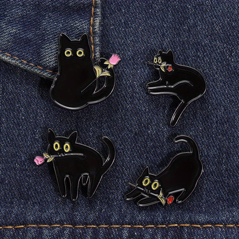 Black Cat Rose Enamel Pins Custom Funny Cute Animal Brooches - Temu