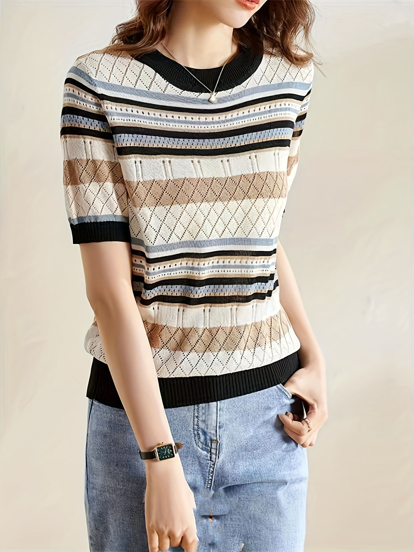 Eyelet Striped Knit Sweater Casual Crew Neck Short Sleeve - Temu