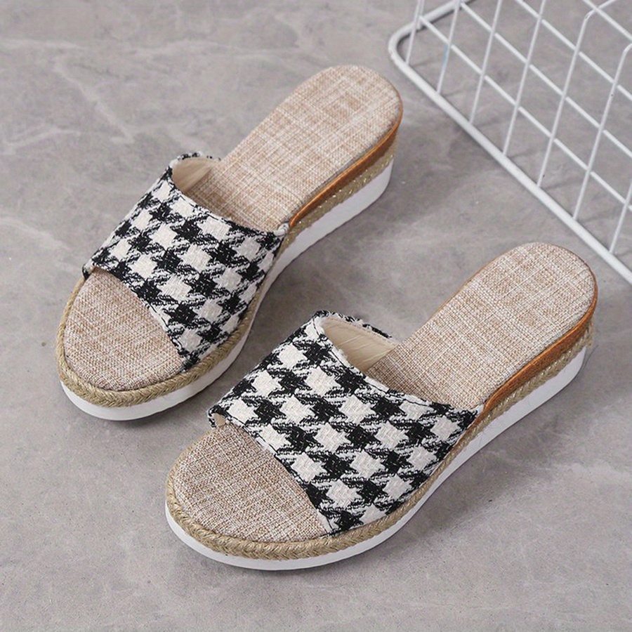 Women's Houndstooth Wedge Slide Sandals Casual Slip On Platform Sandals ...
