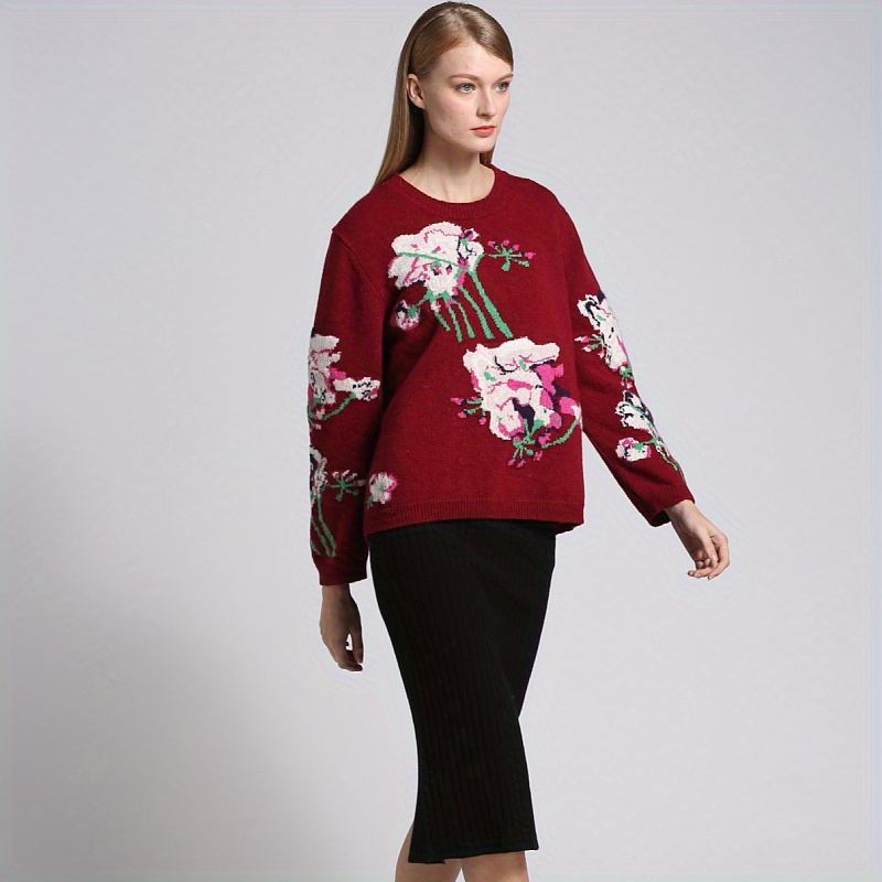 floral print knit sweater casual crew neck long sleeve - Temu New Zealand