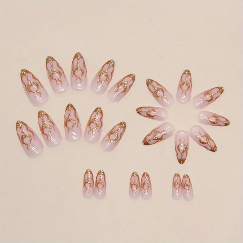 Sweet Cool Golden Glitter Flame Press Nails Glossy Nude Pink Temu