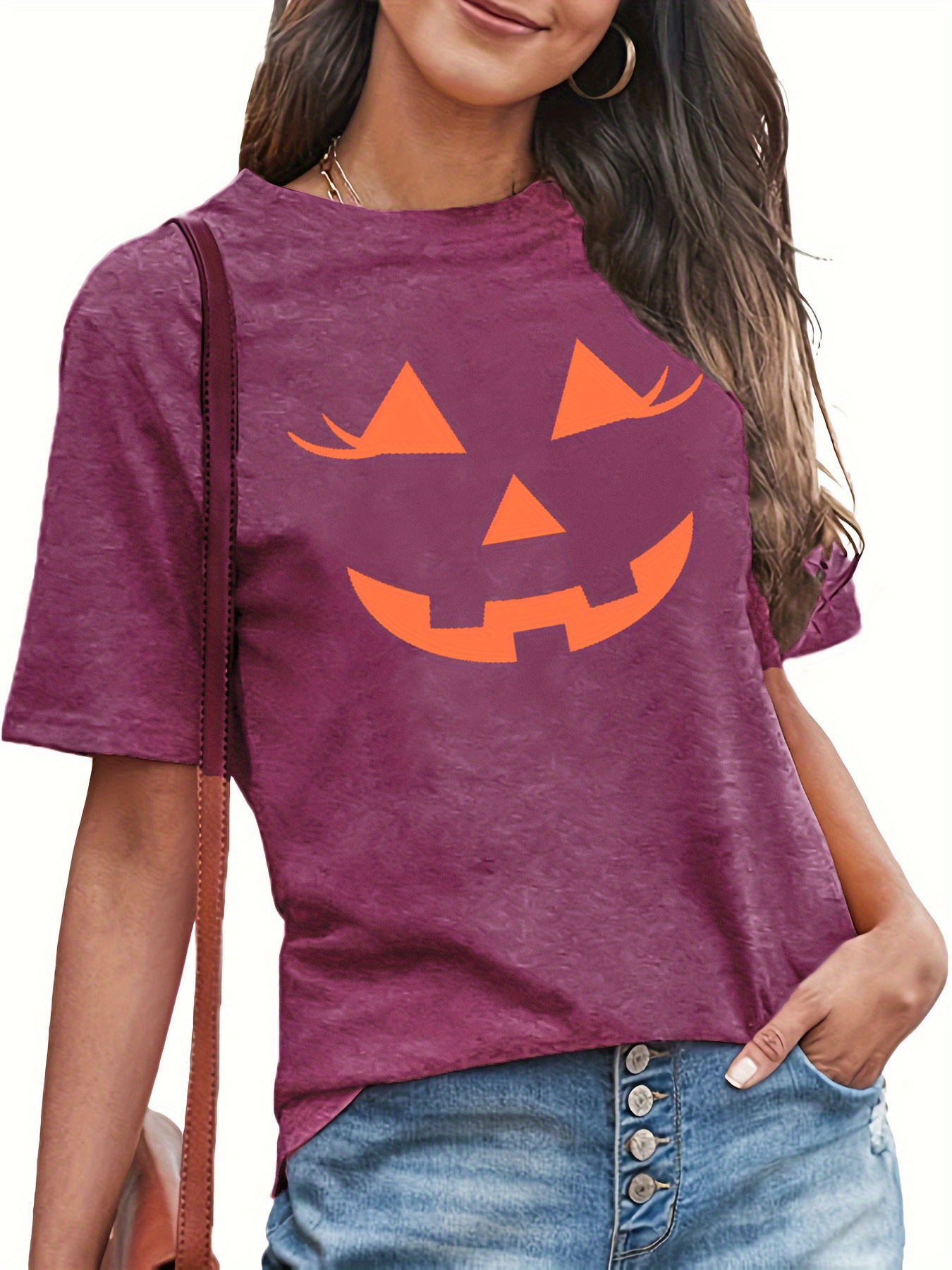 Halloween Pumpkin Print Crew Neck T shirt Casual Short - Temu United Kingdom